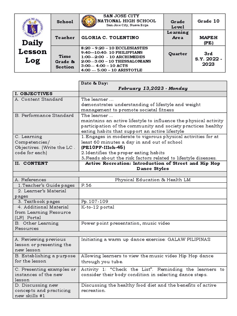 DLL - Third Quarter MAPEH 10 - SY-2022-2023 | PDF | Learning | Dances