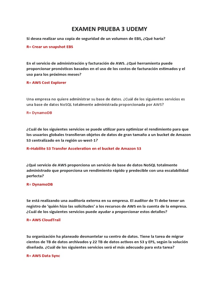 Examen de prueba de servicios y conceptos de AWS | PDF | Computación en la nube | Bases de datos