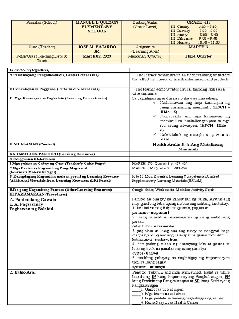 MAPEH DLP HEALTH Yunit 3 Aralin 3 4 CO1 | PDF