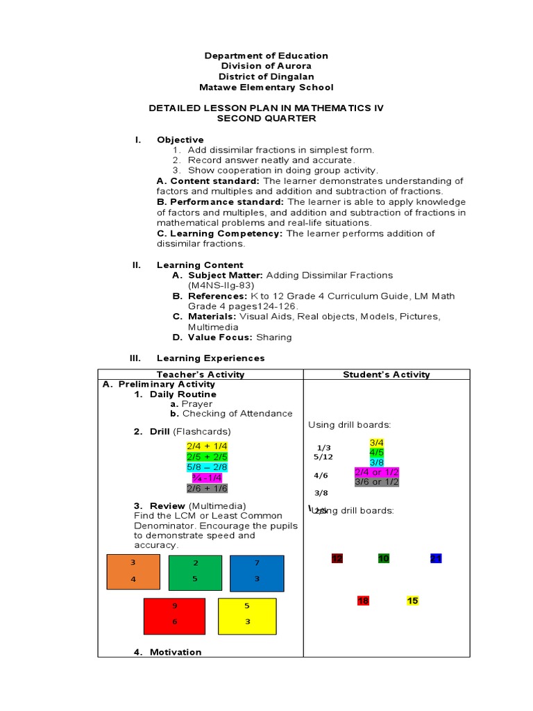 Grade 4 Lesson Plan: Adding Dissimilar Fractions | PDF | Learning ...