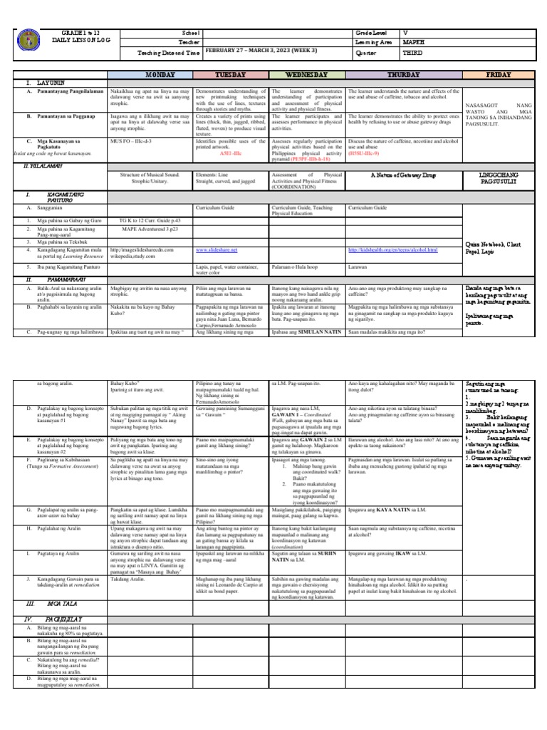 Grade 5 DLL MAPEH 5 Q3 Week 3 | PDF