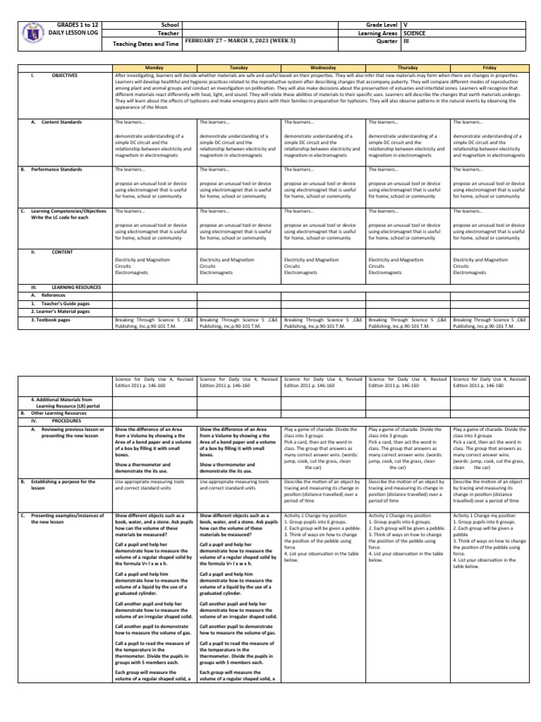 Grade 5 DLL SCIENCE 5 Q3 Week 3 | PDF | Fahrenheit | Temperature