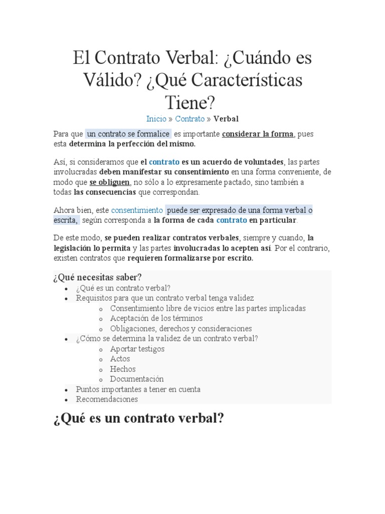 Validez y características del contrato verbal | PDF | Consentimiento ...