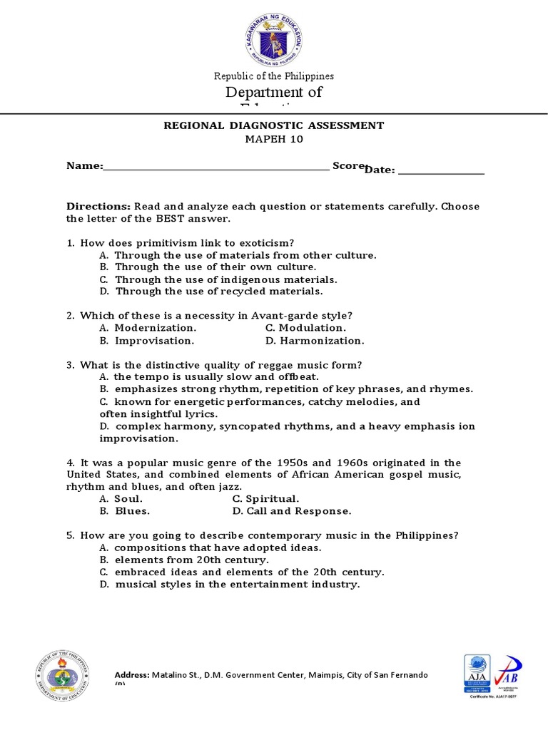 Grade 10 MAPEH Assessment Tool FINAL | PDF | Vaccines | Health Professional