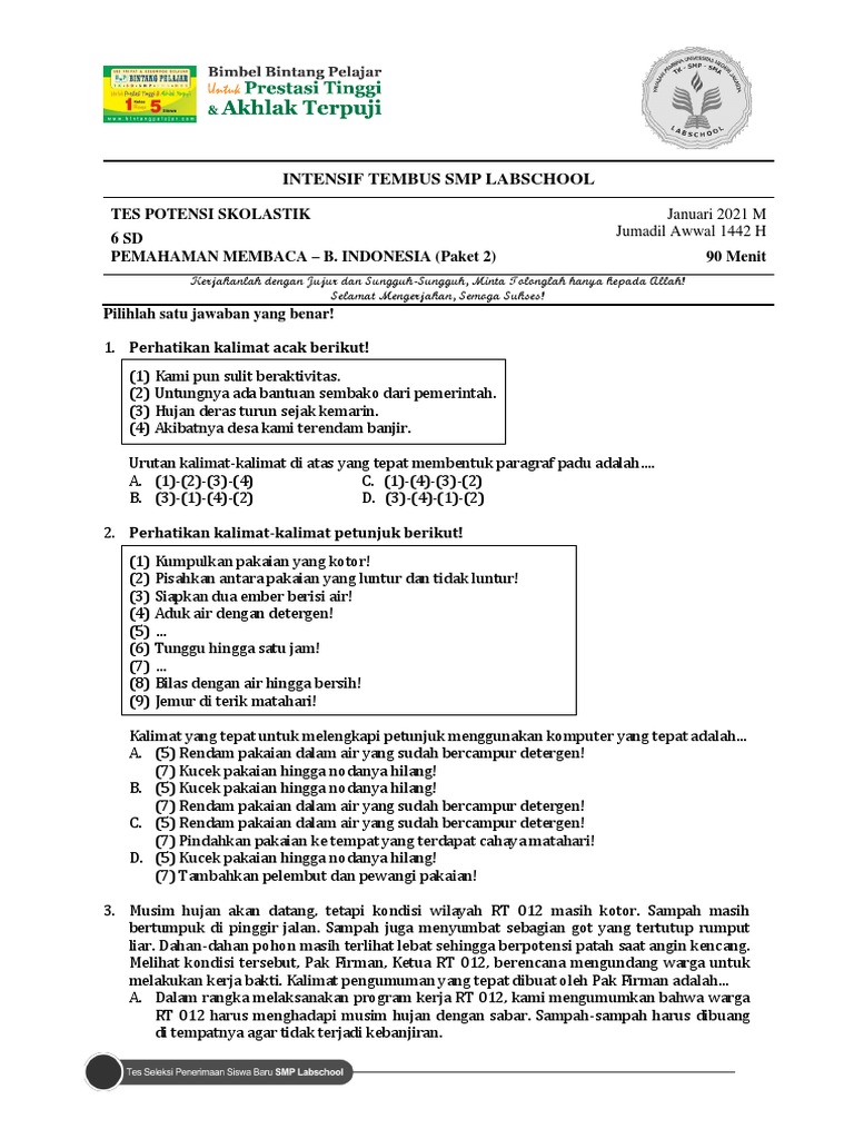 2 Intensif Tembus SMP Labschool_TPS Pemahaman Membaca (Paket 2).pdf | PDF