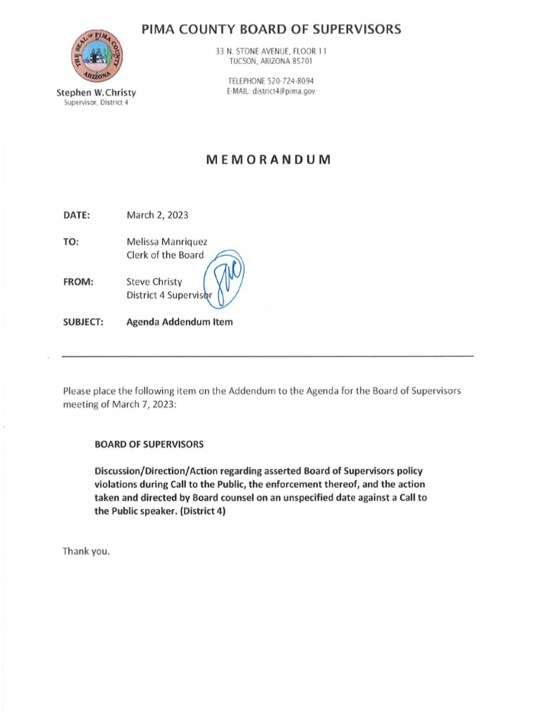 Letter To Pima County Board of Supervisors | PDF