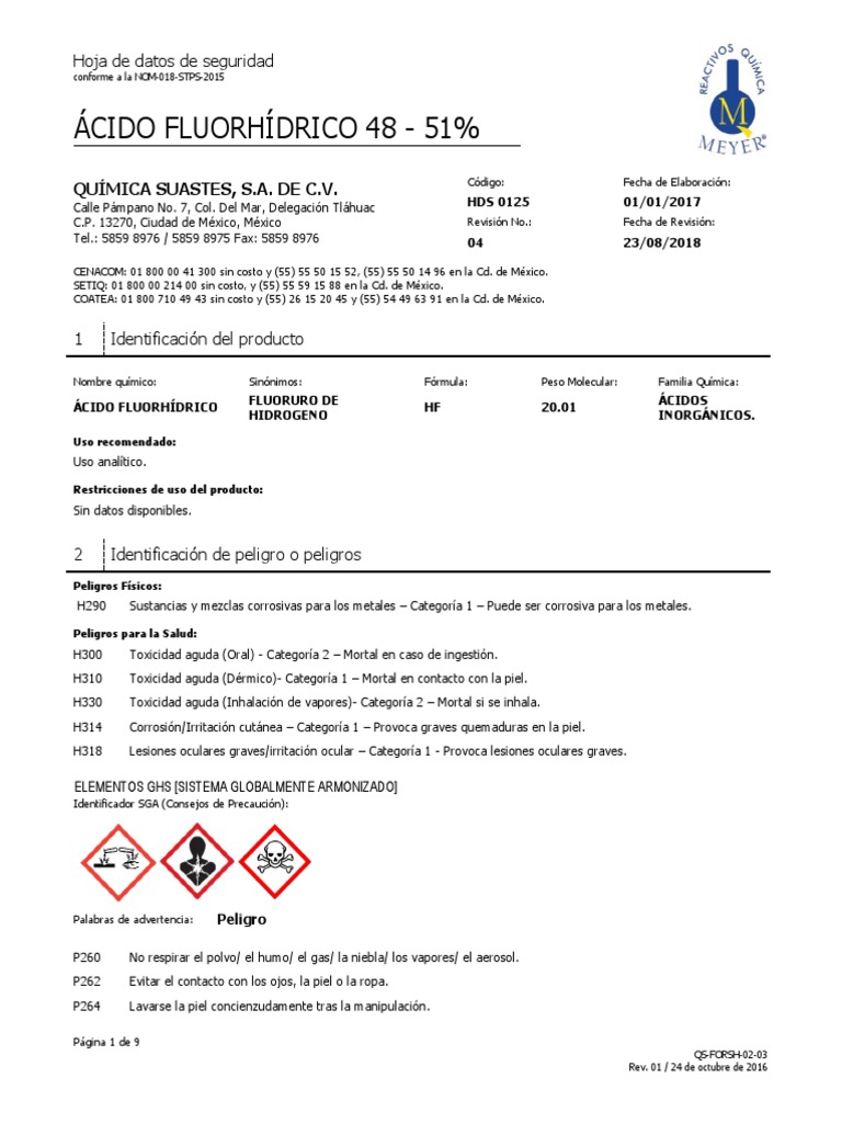 Ácido Fluorhídrico 48 - 51% HDS-0125 Completa | PDF | Residuos | Agua