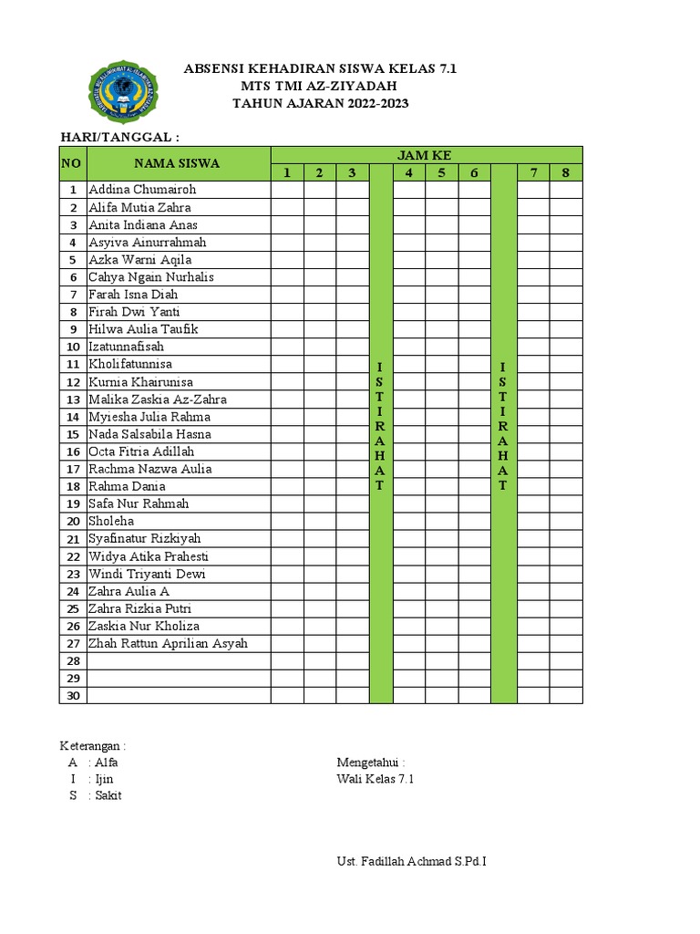 Absensi Siswa Kelas 7 2022-2023 | PDF