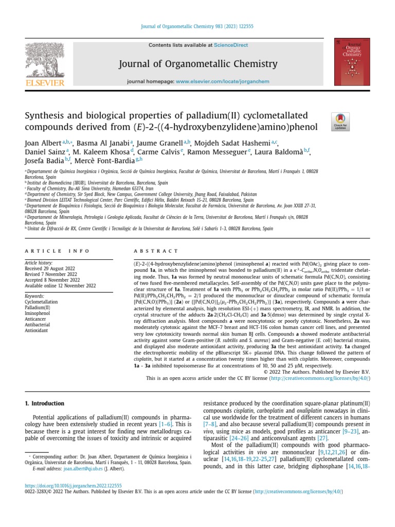 Synthesis and Biological Properties of Palladium (II) Cyclometallated ...