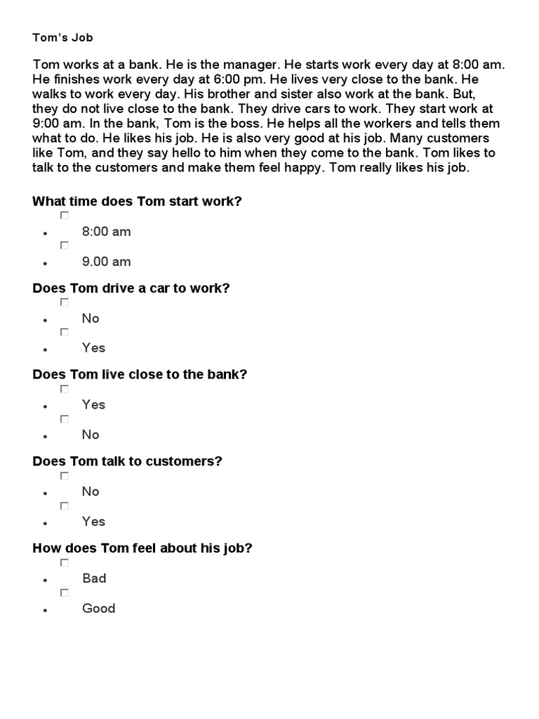 Tom's Daily Work Routine at the Bank | PDF