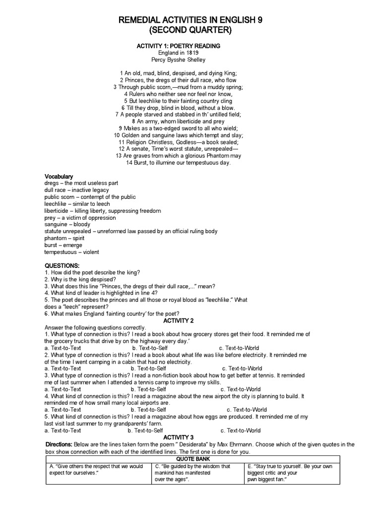 Remedial Activities in English 9 | PDF