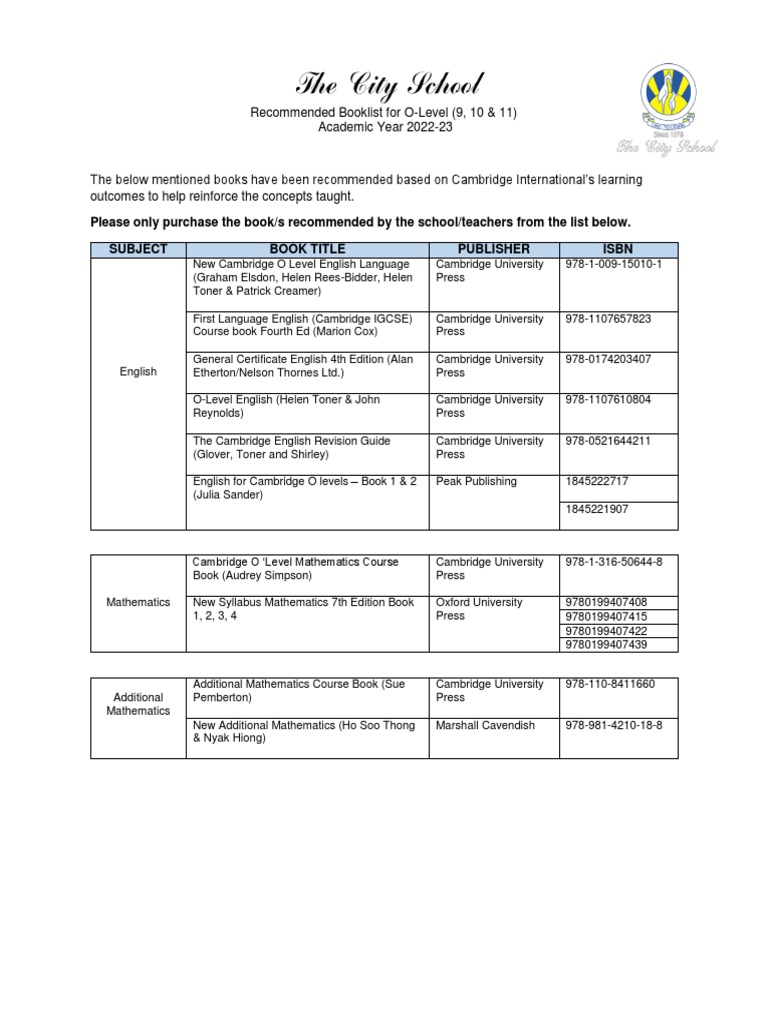 O Level Booklist 2022-23 | Download Free PDF | University Of Cambridge ...