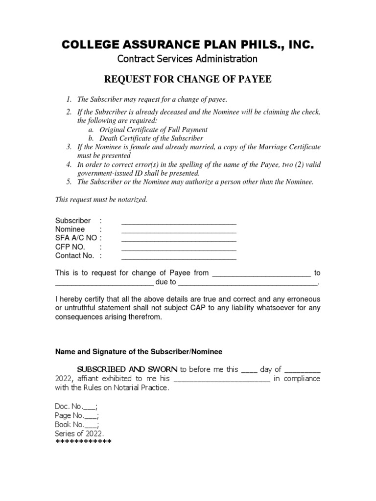 Request For Change of Payee | PDF