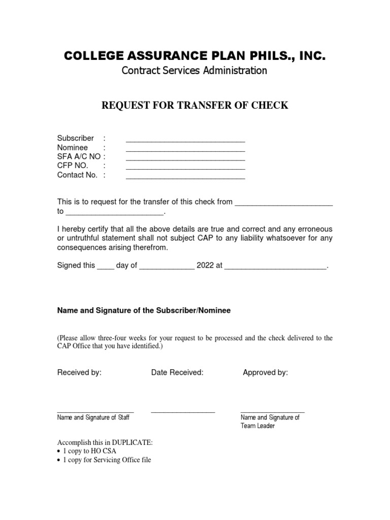 Request For Transfer of Check | PDF