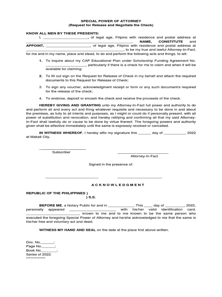 SPA to Release and Negotiate Check | PDF | Power Of Attorney | Government