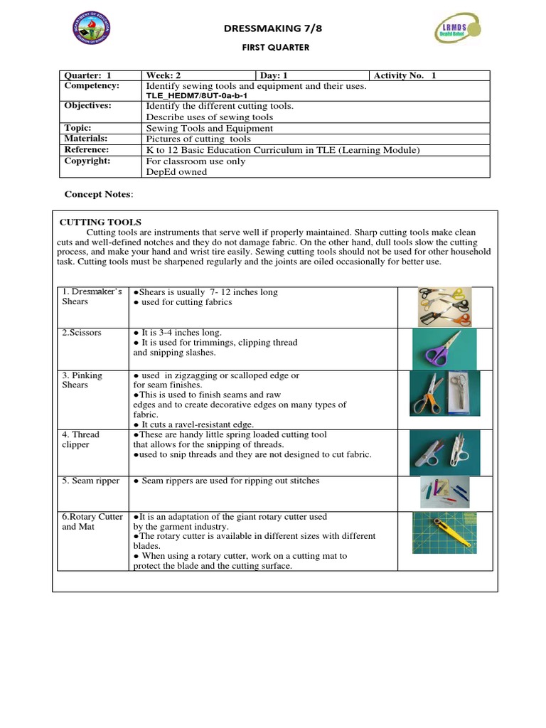 TLE 7-8 TailoringDressmaking - Q1 - LASWk2 | PDF | Sewing | Seam (Sewing)