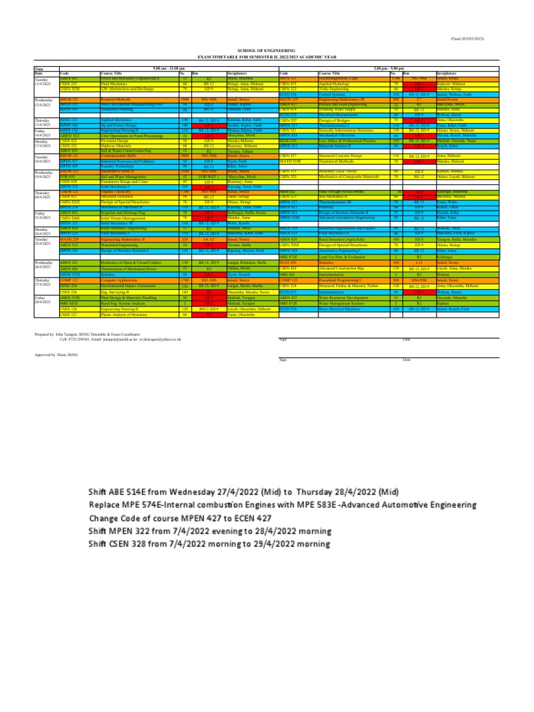 School of Engineering Exam Timetable For Semester Ii, 2022/2023 ...