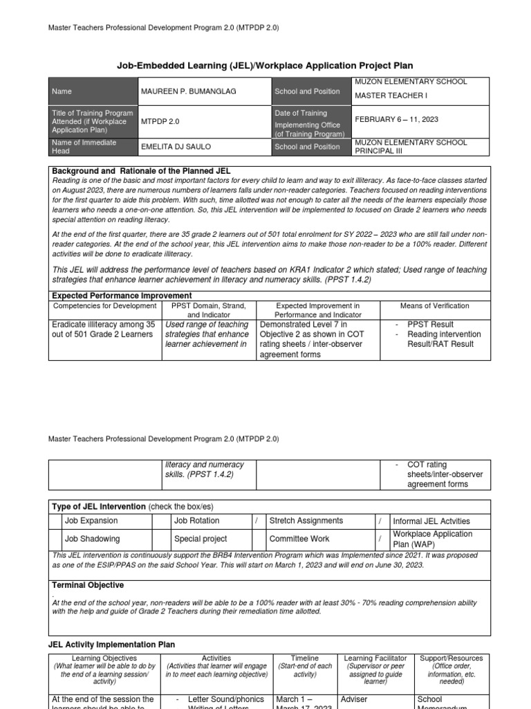 JEL Intervention Plan for Grade 2 Literacy | PDF | Literacy | Reading ...