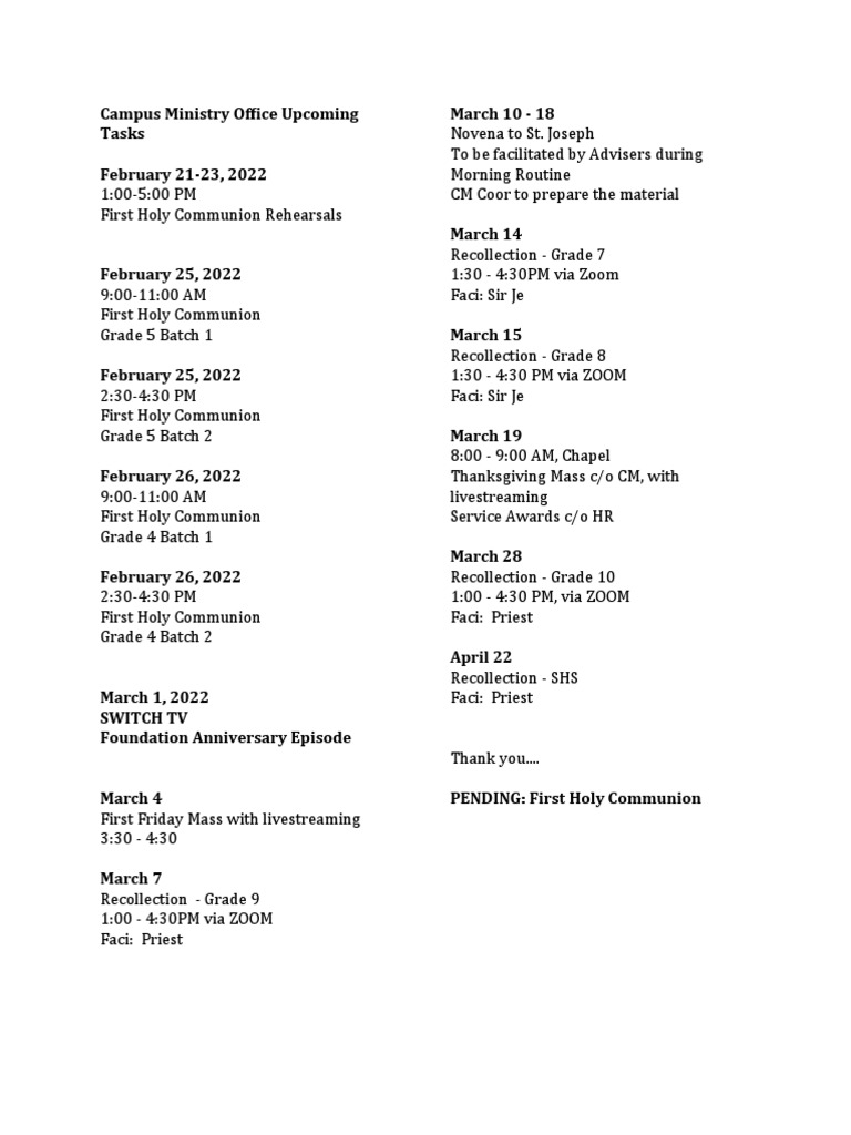 Campus Ministry Office Upcoming Tasks Feb-March 2022 | PDF