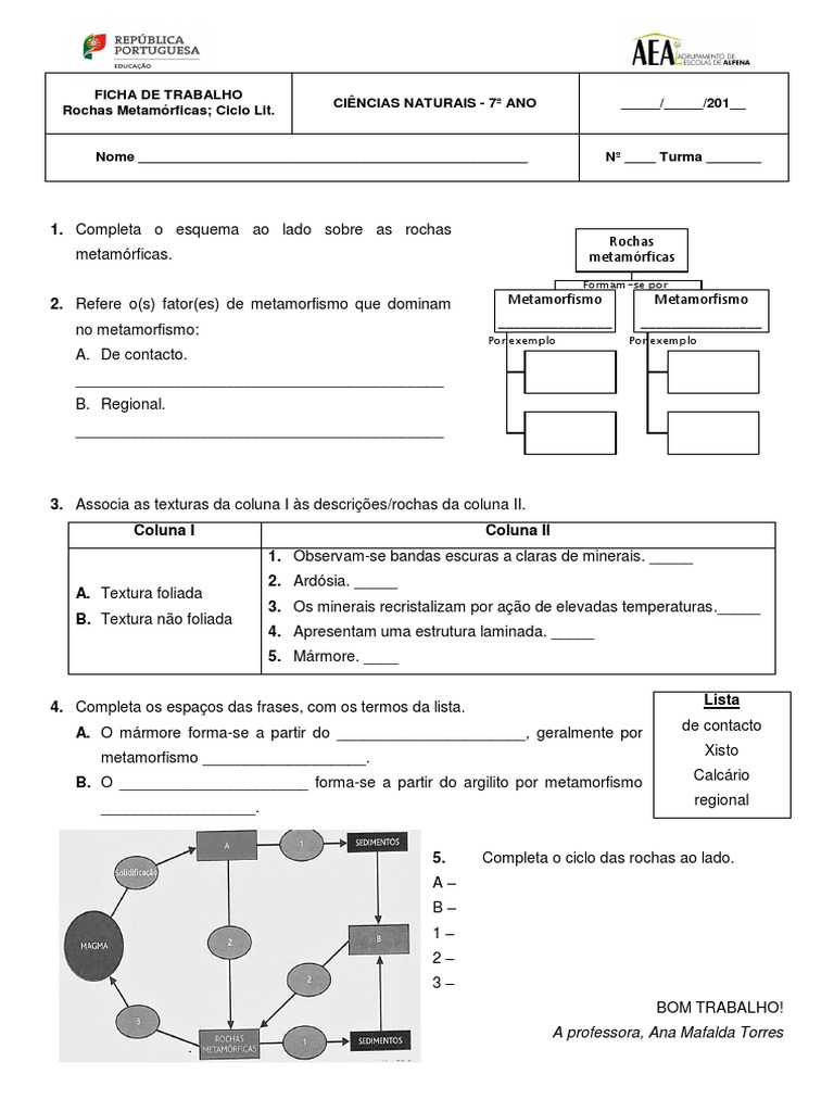 Ficha trab - rochas metamórficas | PDF | Materiais naturais | Rochas