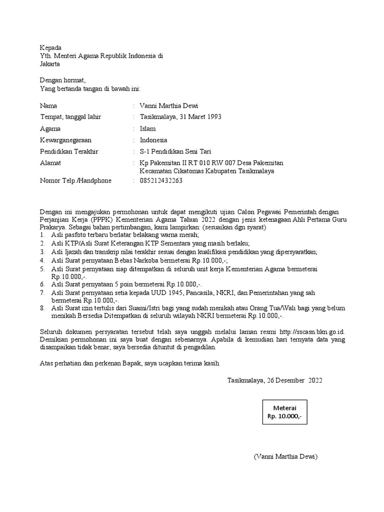 Surat Lamaran CPPPK | PDF