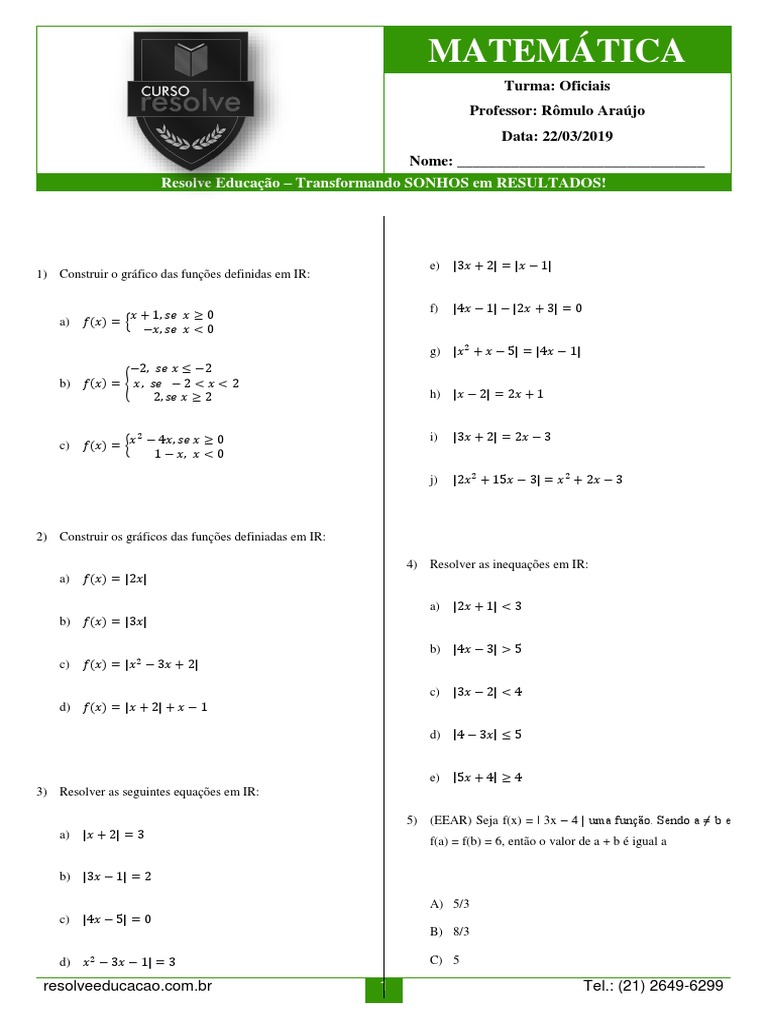 Lista 04 - Função Modular | PDF | Função (Matemática) | Matemática ...