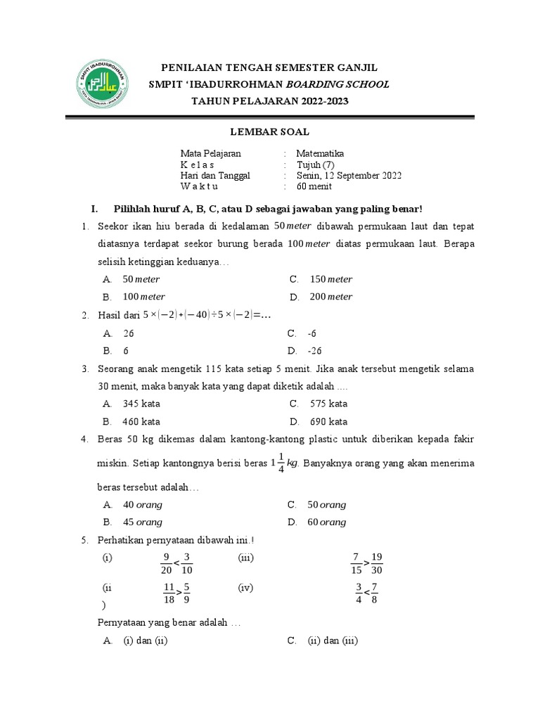 07 Soal PTS Ganjil Matematika 2022-2023 | PDF