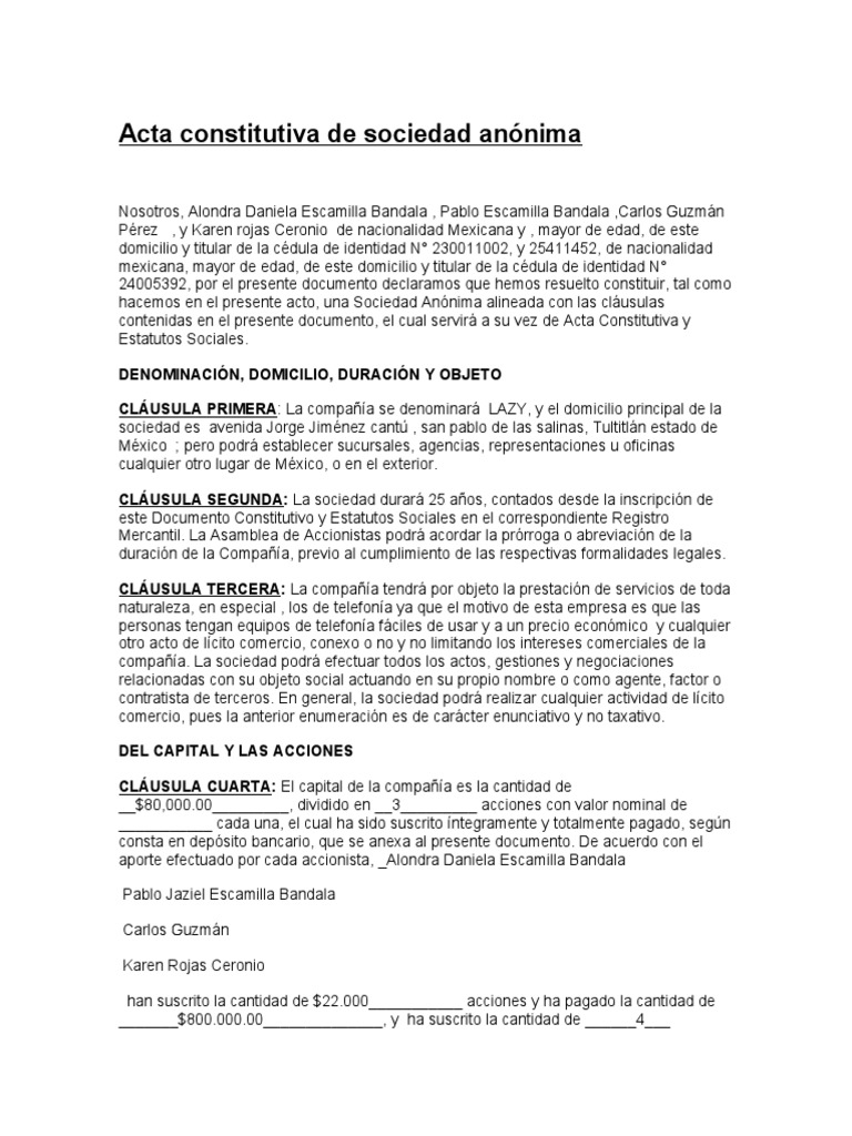 Acta Constitutiva de Sociedad Anónima | PDF | Compartir (Finanzas) | México