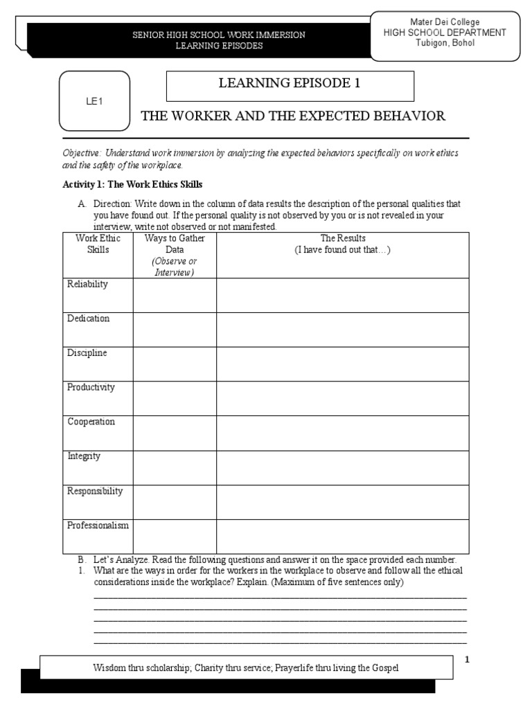 Analyzing Workplace Safety and Ethics through a Senior High School Work Immersion Learning ...