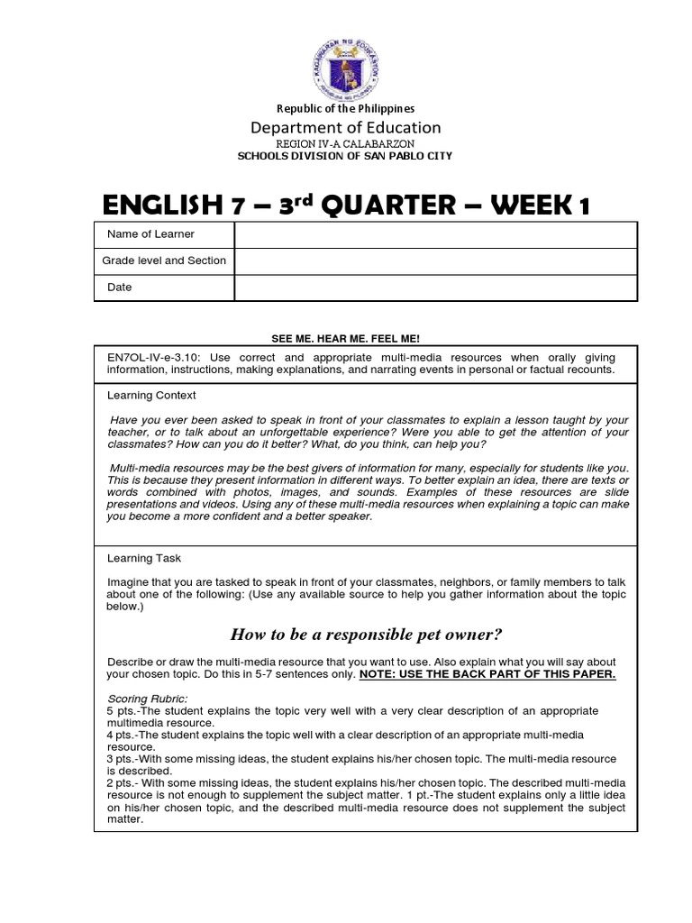 English 7 Las 3rd Quarter Week 1 | PDF