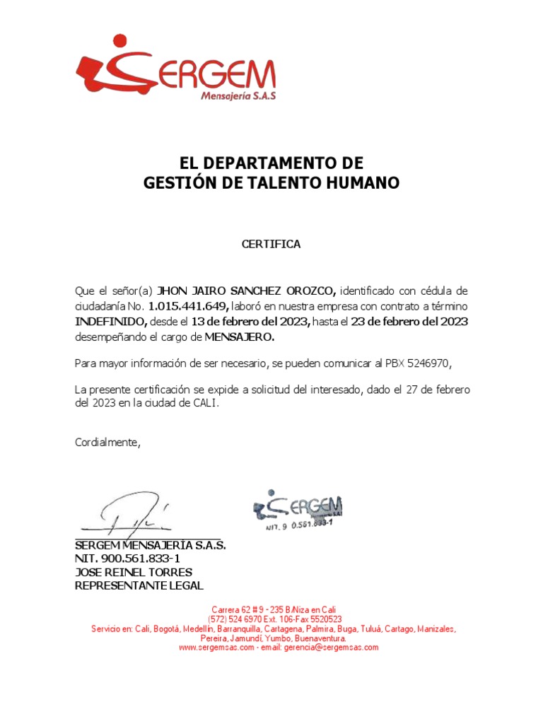 Carta Laboral - Jhon Jairo Sanchez 2 | PDF