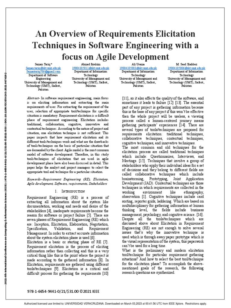 An Overview of Requirements Elicitation Techniques in Software Engineering With A Focus On Agile ...