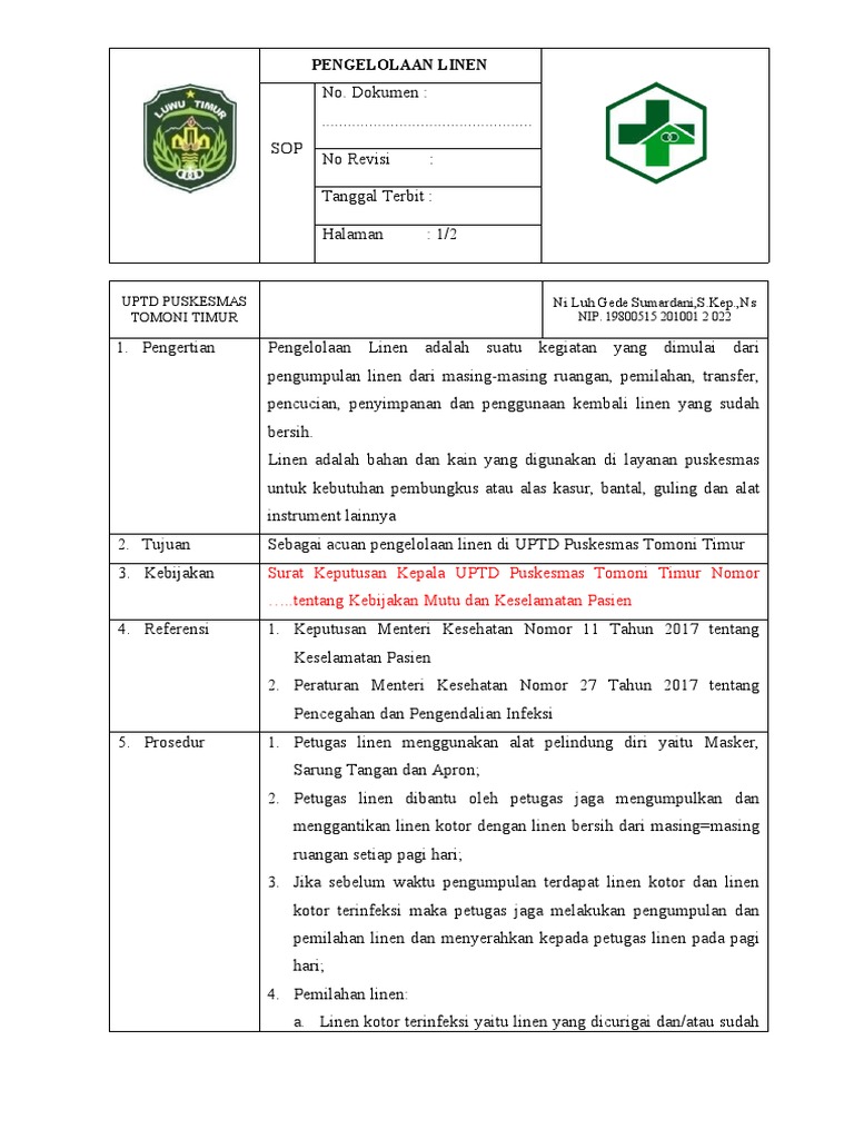 Sop Pengelolaan Linen | PDF