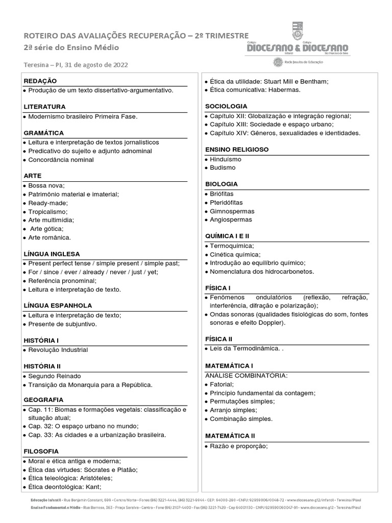 Roteiro - Recuperacao - 2 Tri Setembro 2022 | PDF Roteiro - Recuperacao - 2 Tri Setembro 2022 | PDF