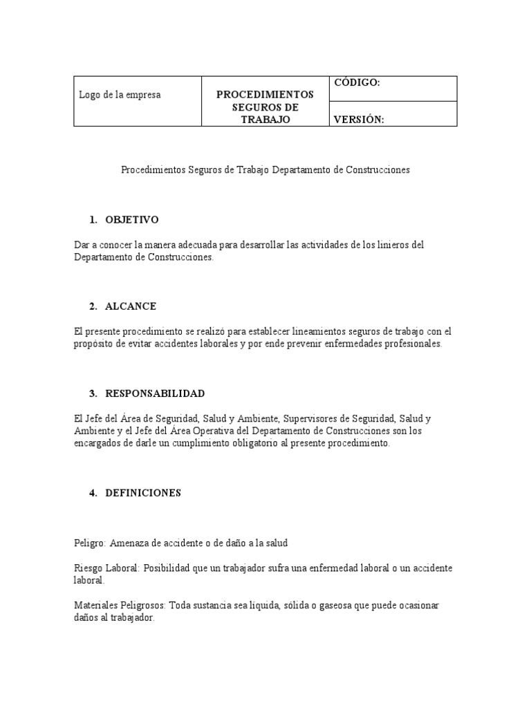 Procedimientos Seguros de Trabajo Código: Versión | PDF | Seguridad y ...