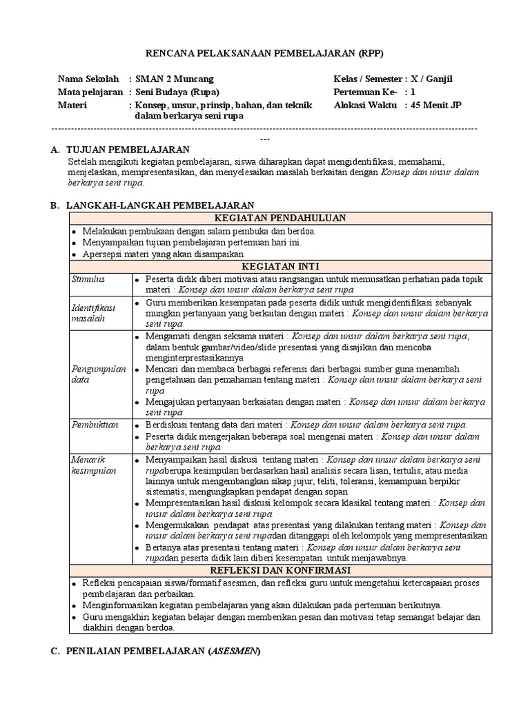 RPP 1 - Konsep, Unsur, Prinsip, Bahan, Dan Teknik Dalam Berkarya Seni ...