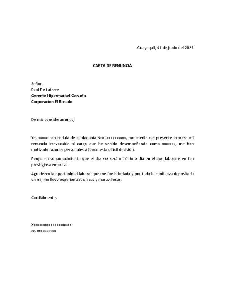 Formato CARTA DE RENUNCIA PDF | PDF | Derecho