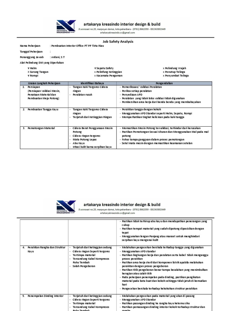 Job Safety Analisis (JSA) Interior Office - Artakarya | PDF