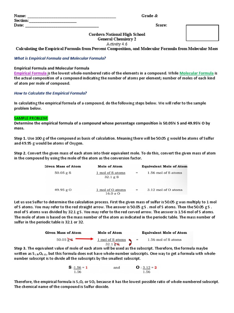 Activity 4.6 Calculating The Empirical Formula From Percent Composition ...
