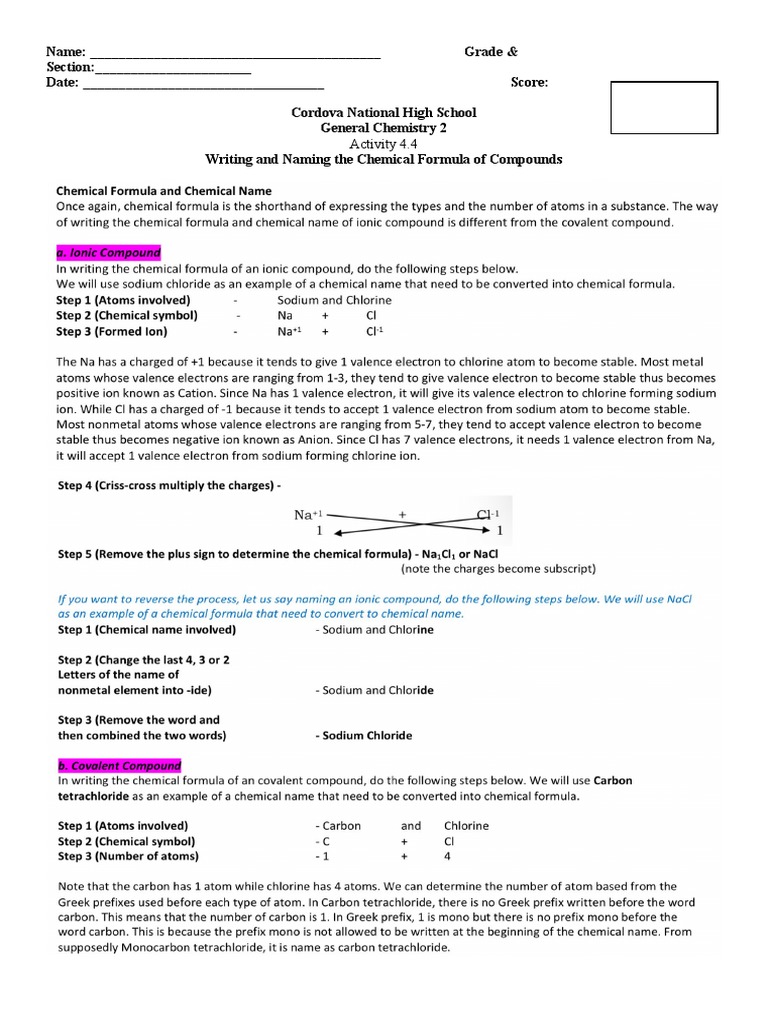 Writing Chemical Formulas Activity | PDF