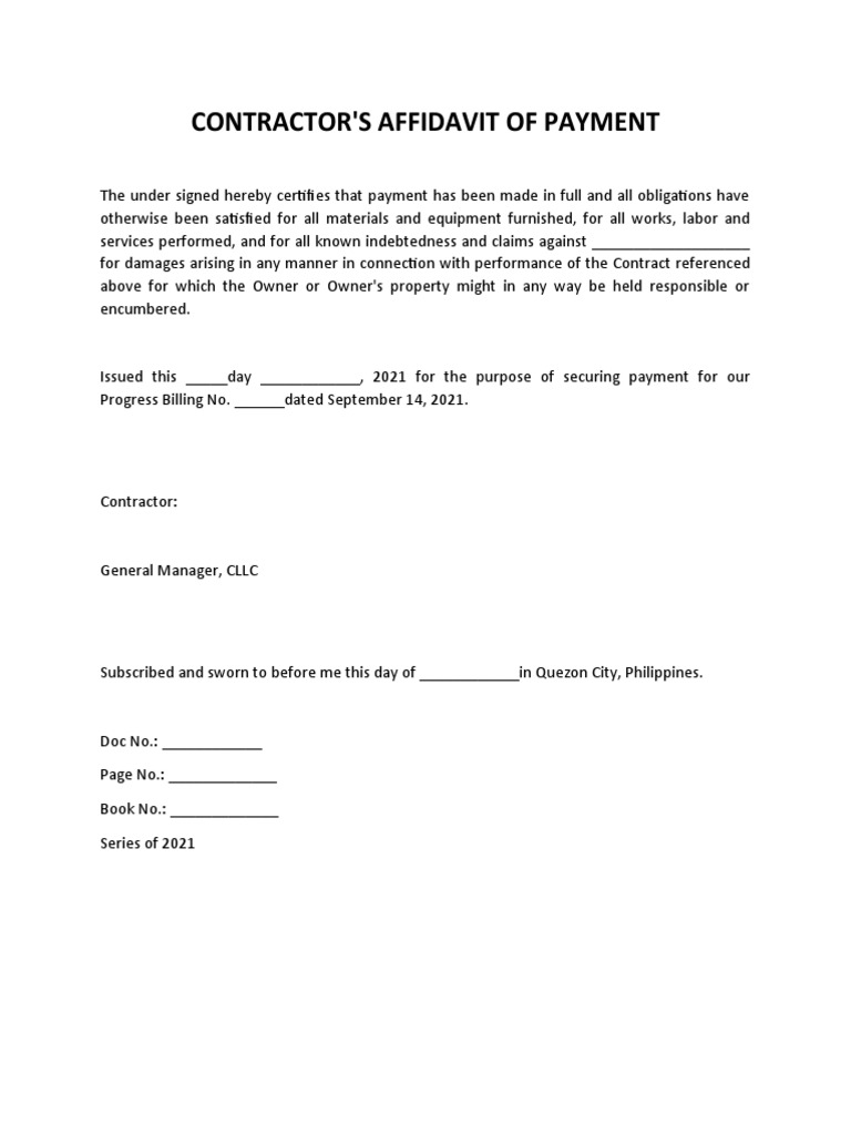 CONTRACTOR'S AFFIDAVIT OF PAYMENT#01 Blank | PDF