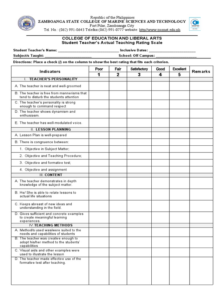 Student Teachers Actual Teaching Checklist | PDF | Teachers | Classroom