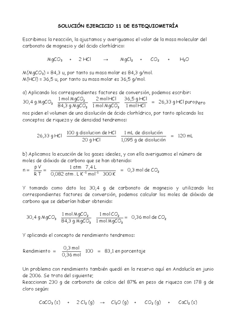 Solución Ejercicio 11 de EstequiometrÍa | PDF | Ácido clorhídrico | Mole (Unidad)