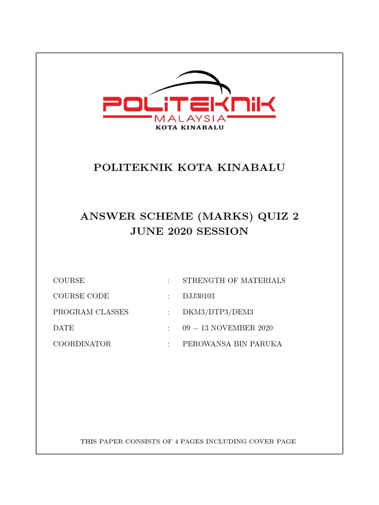Answer Scheme Quiz 2 DJJ30103 SOM | PDF | Mathematics | Mechanics