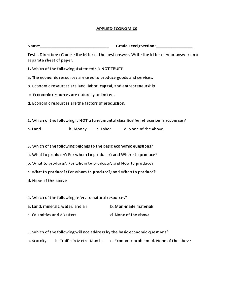 Week 4 WEEK 1-2 APPLIED eCONOMICS qUIZ | PDF