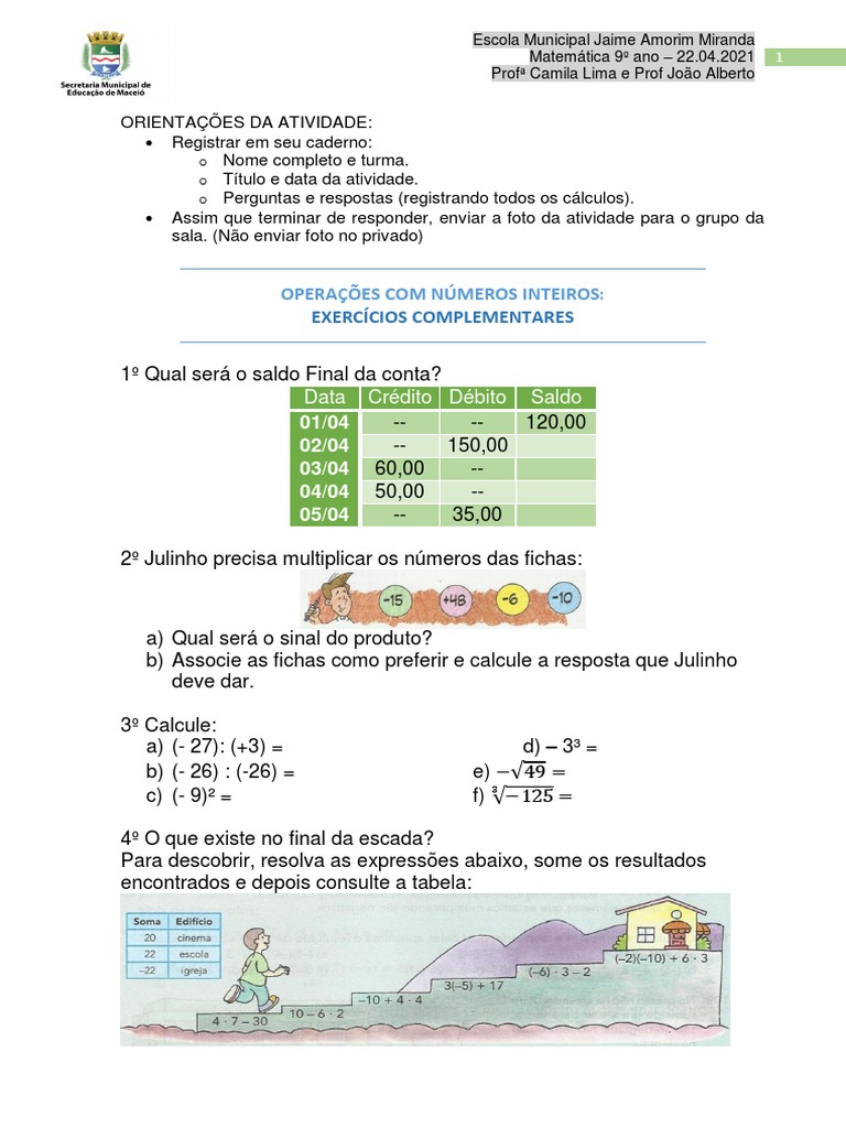 9º Ano Matemática - 22.04 - Atividade Complementar Números Inteiros | PDF