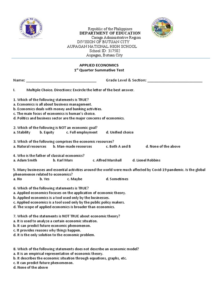 Applied Economics TEST EXAM FOR 1ST QUARTER | PDF | Economic ...