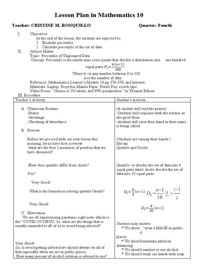 Lesson Plan in Mathematics 2 (Percentile) 4th | PDF | Percentile ...