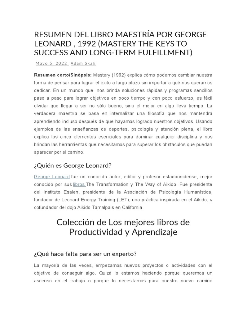 Resumen de "Maestría" de George Leonard | PDF | Aprendizaje | Mente