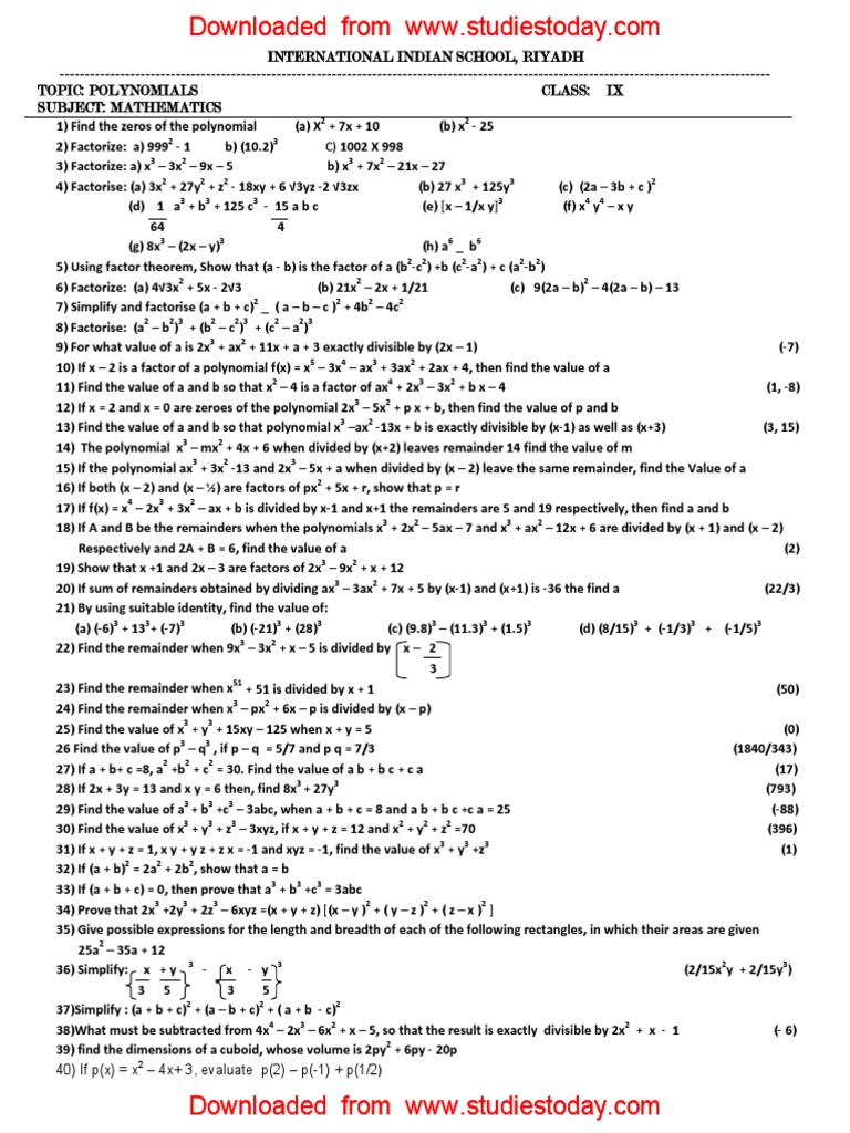 CBSE Class 9 Mathematics Worksheet - Polynomials PDF | PDF ...